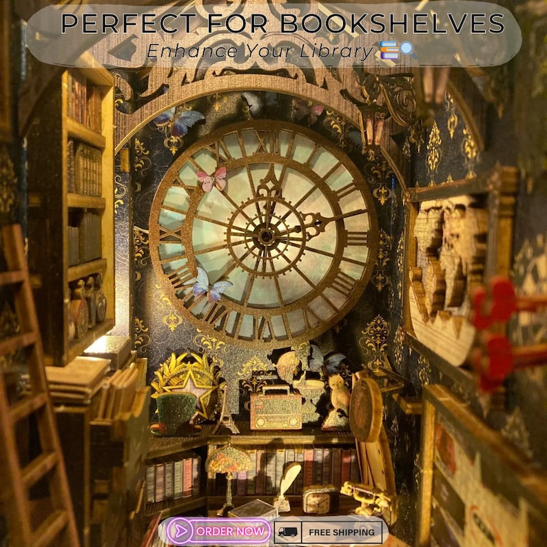 3D Wooden Puzzle Book Nook Shelf Kit Miniature DIY Assembly Bookshelf ...