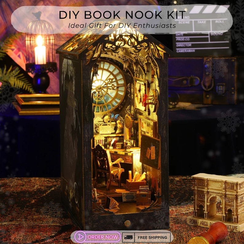 3D Wooden Puzzle Book Nook Shelf Kit Miniature DIY Assembly Bookshelf ...