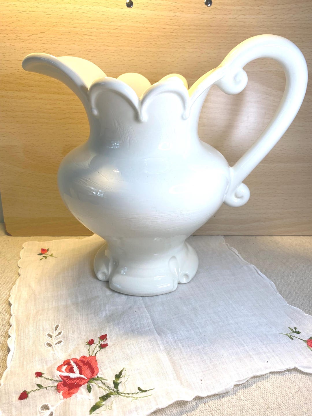 White Ironstone Pottery Pitcher or Vase Rustic Country Farmhouse Decor ...