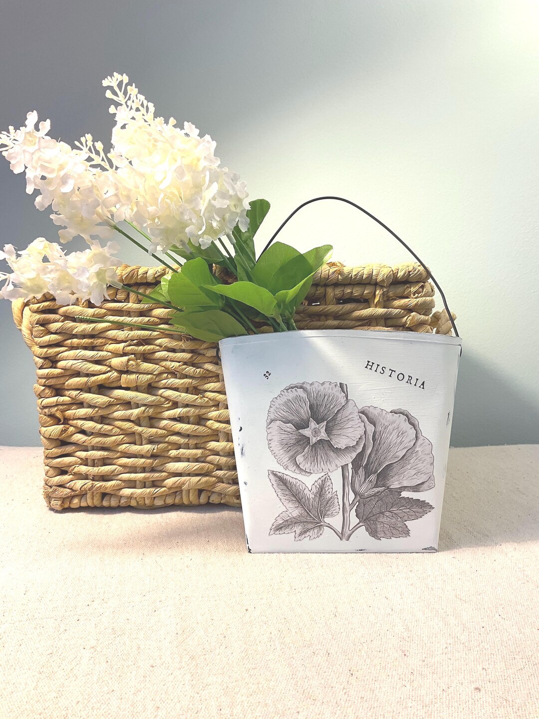 White Metal Wall Pocket With Floral Design and Lettering Vintage ...