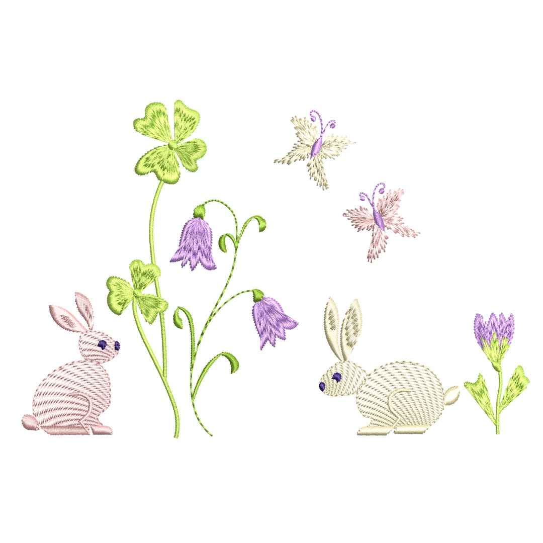 Easter Bunny Machine Embroidery Design, Wild Flowers Spring Rabbit ...