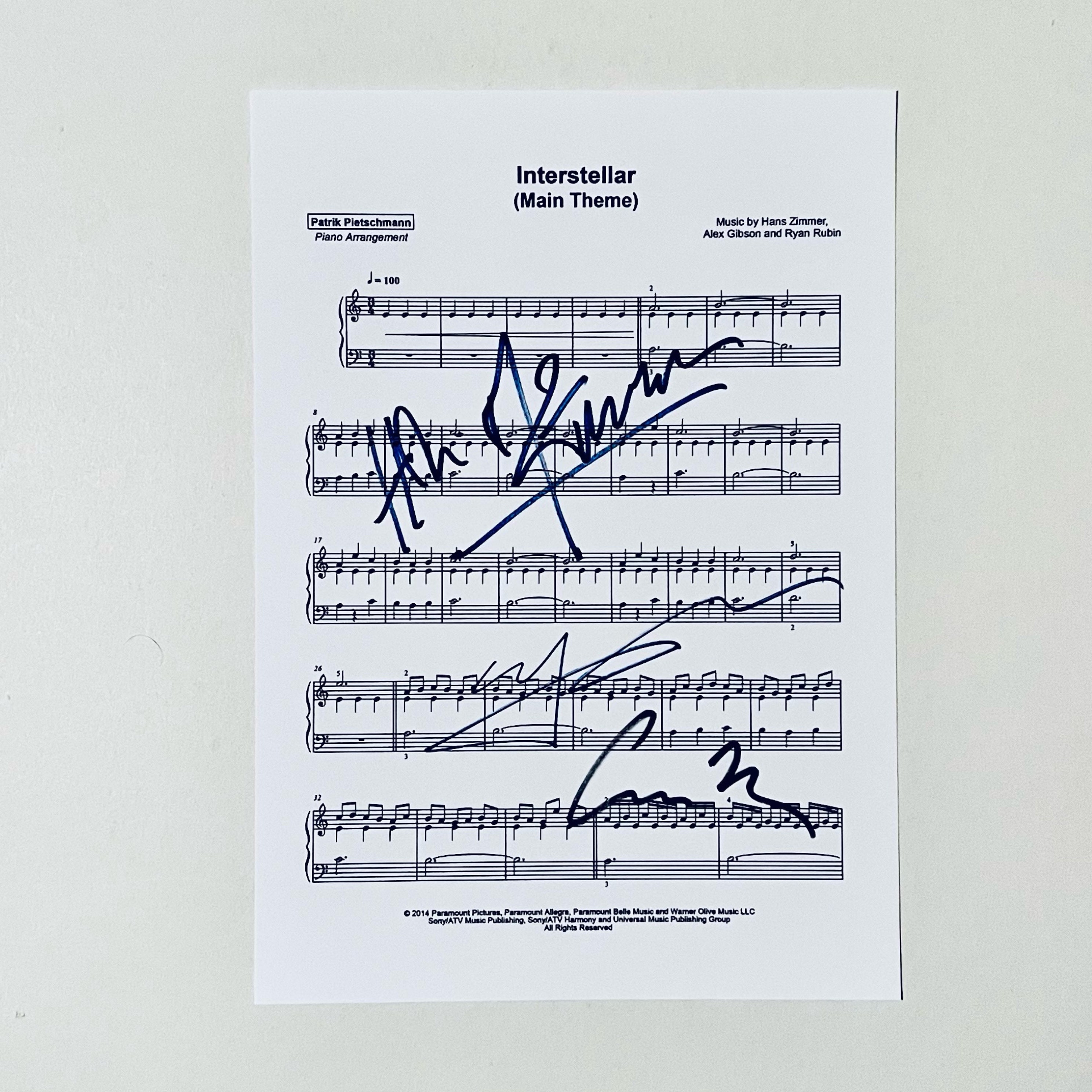 Hans Zimmer Interstellar Main Theme Autographed A4 Sheet Music - Etsy