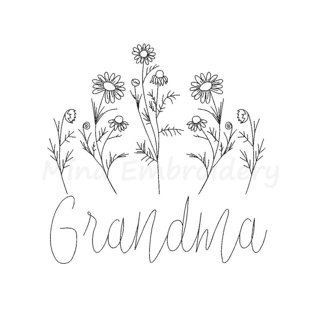 Grandma Floral Line Art Embroidery Design (instant Download) - Etsy