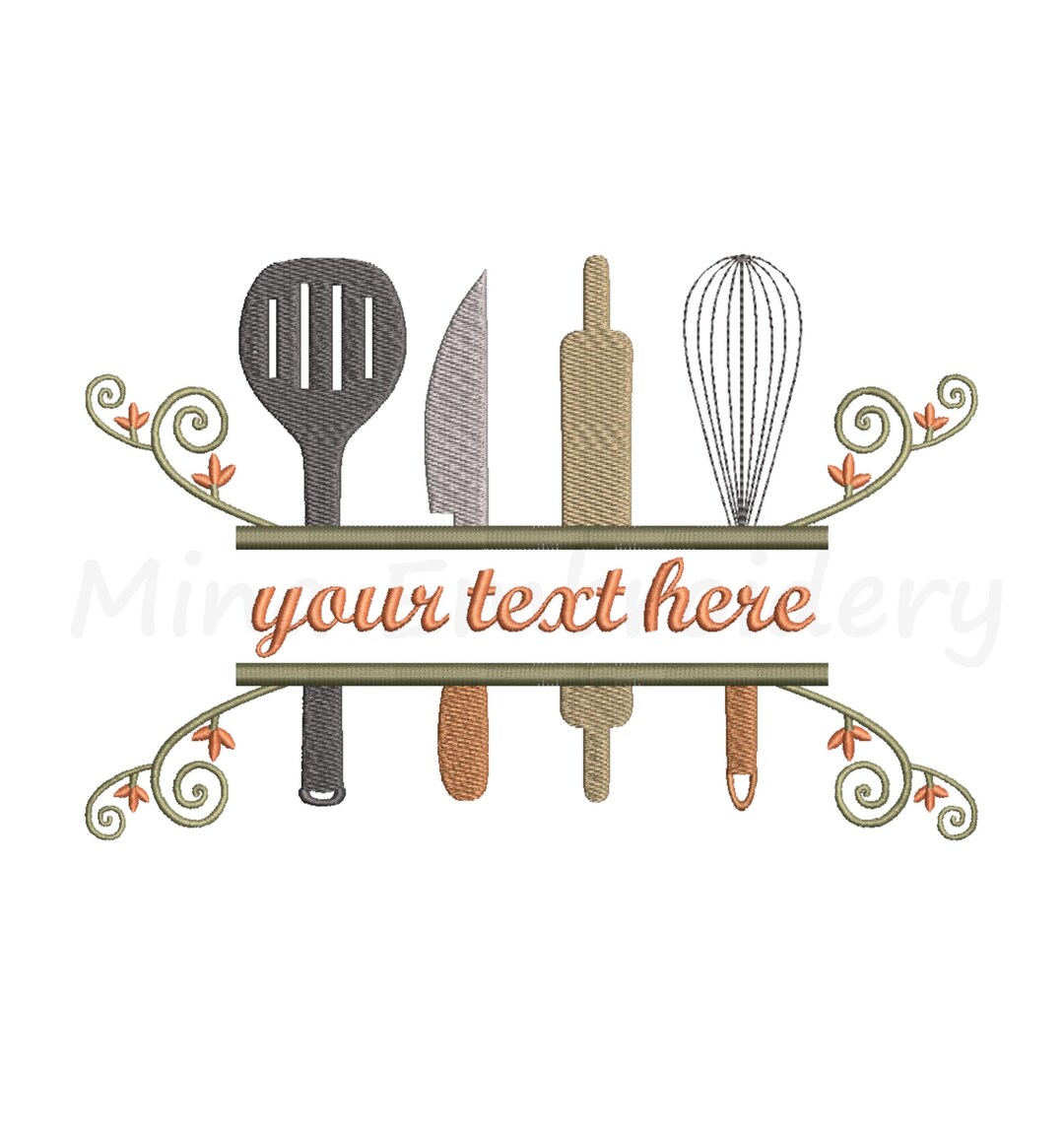 Split Kitchen Utensils Embroidery Design: Floral Frame (instant ...