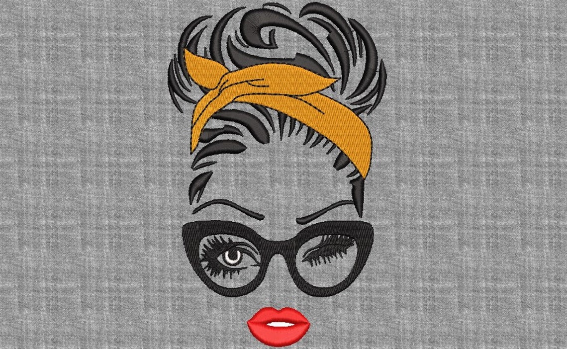 Cool Woman Face Embroidery Design, Woman With Glasses Embroidery Design ...