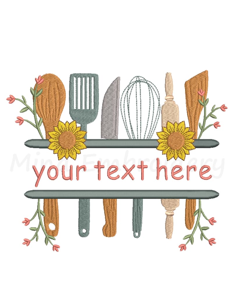 Split Kitchen Utensils Embroidery Design, Kitchen Sunflower Embroidery ...