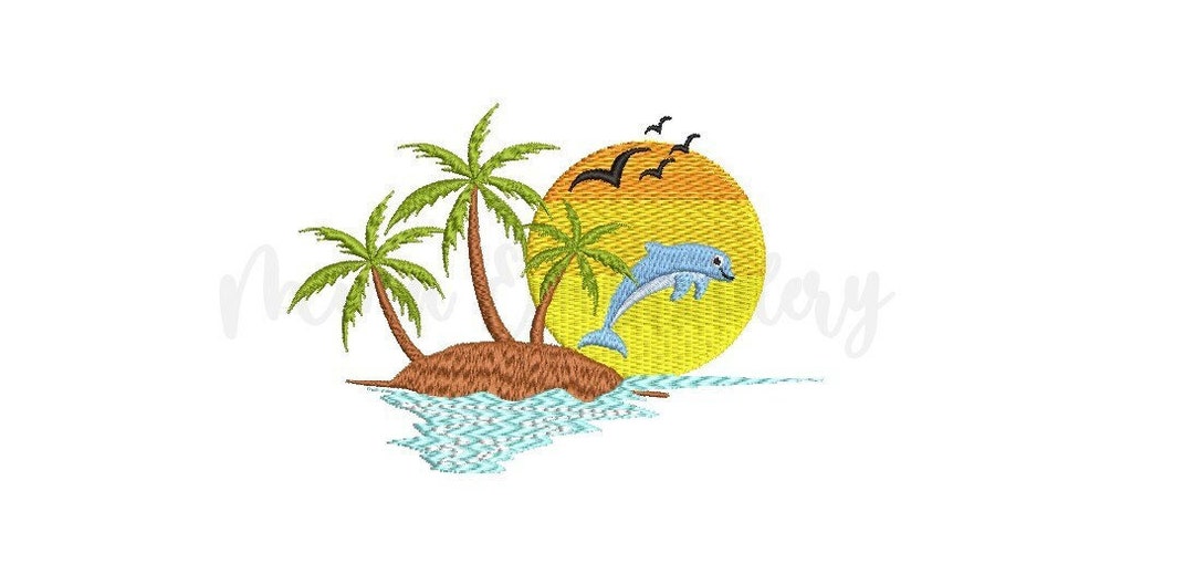 Palm Tree Dolphin Sunset Embroidery Design, Summer Beach Embroidery ...