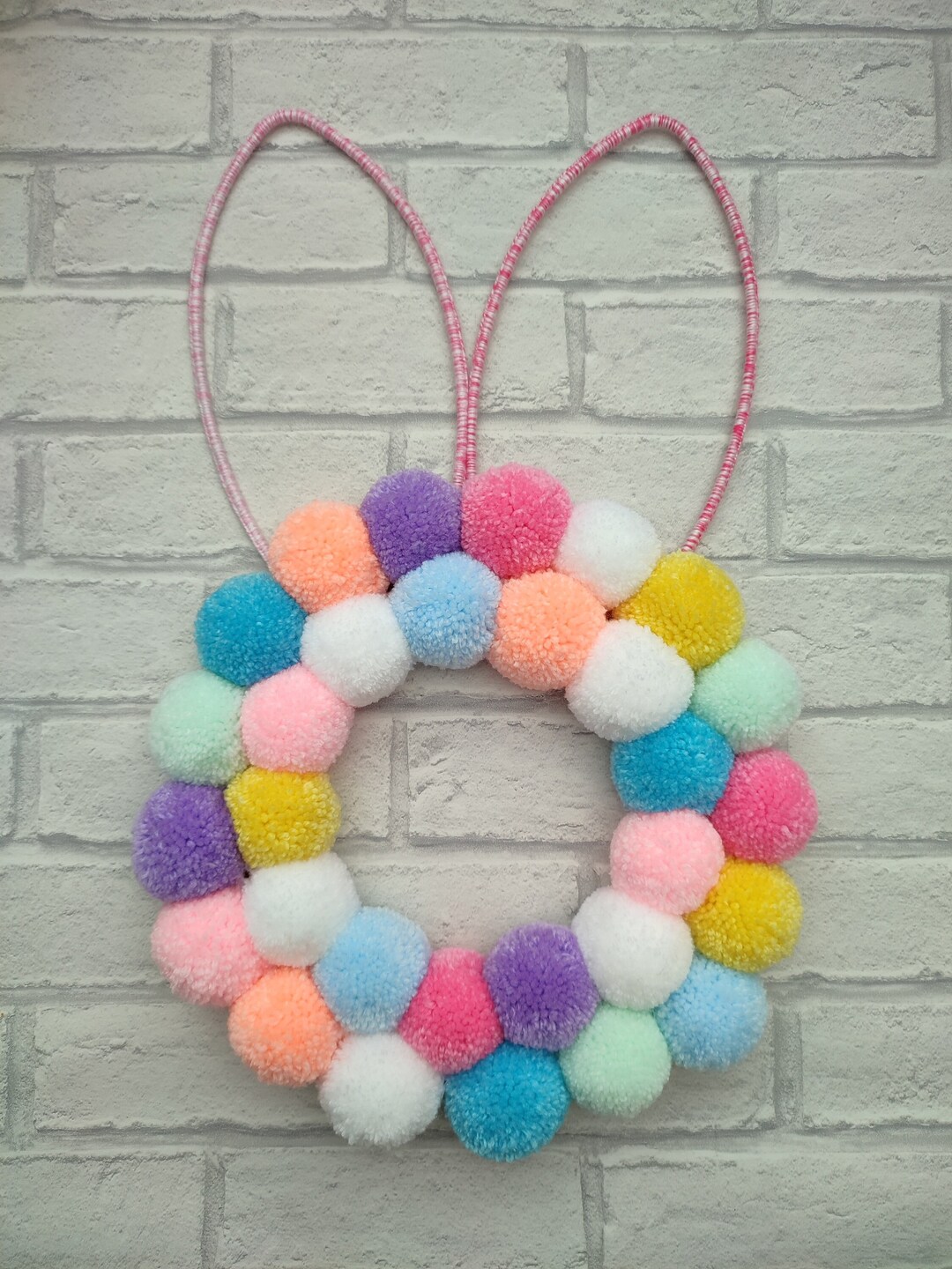 Easter Bunny Pom Pom Wreath Easter Pom Pom Wreath Spring Pom Pom Wreath ...