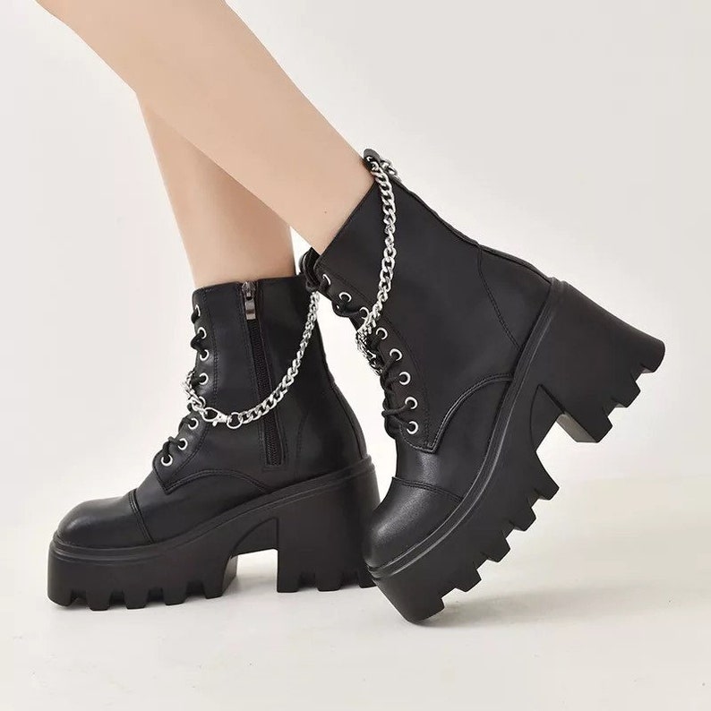Black Goth Boots Platform Chunky Heel Goth Rock Chain Shoes - Etsy