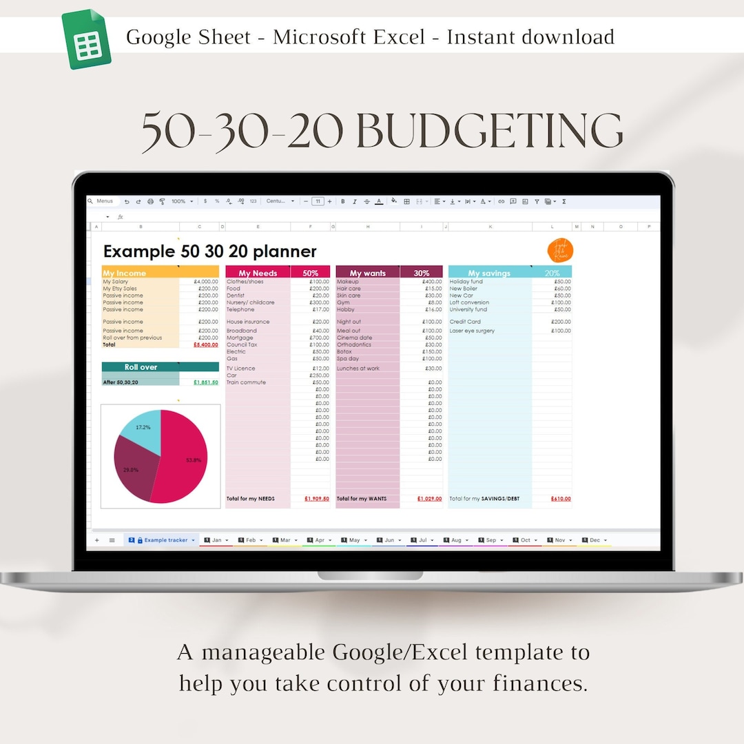 50-30-20 Budget Planning, Monthly Budget Google/excel Template ...