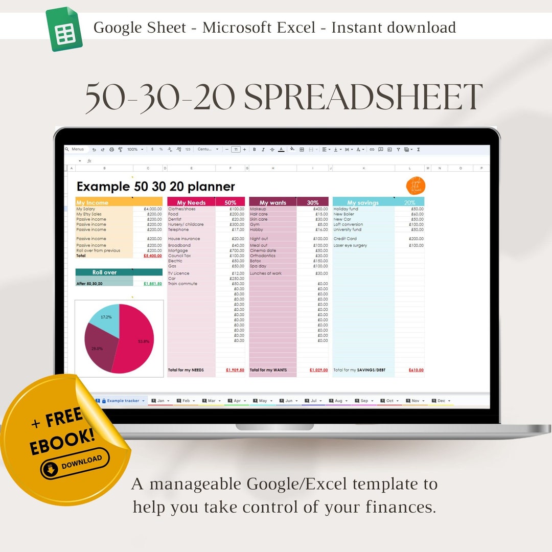 50-30-20 Spreadsheet, Monthly Budget Google/excel Template, Finances ...