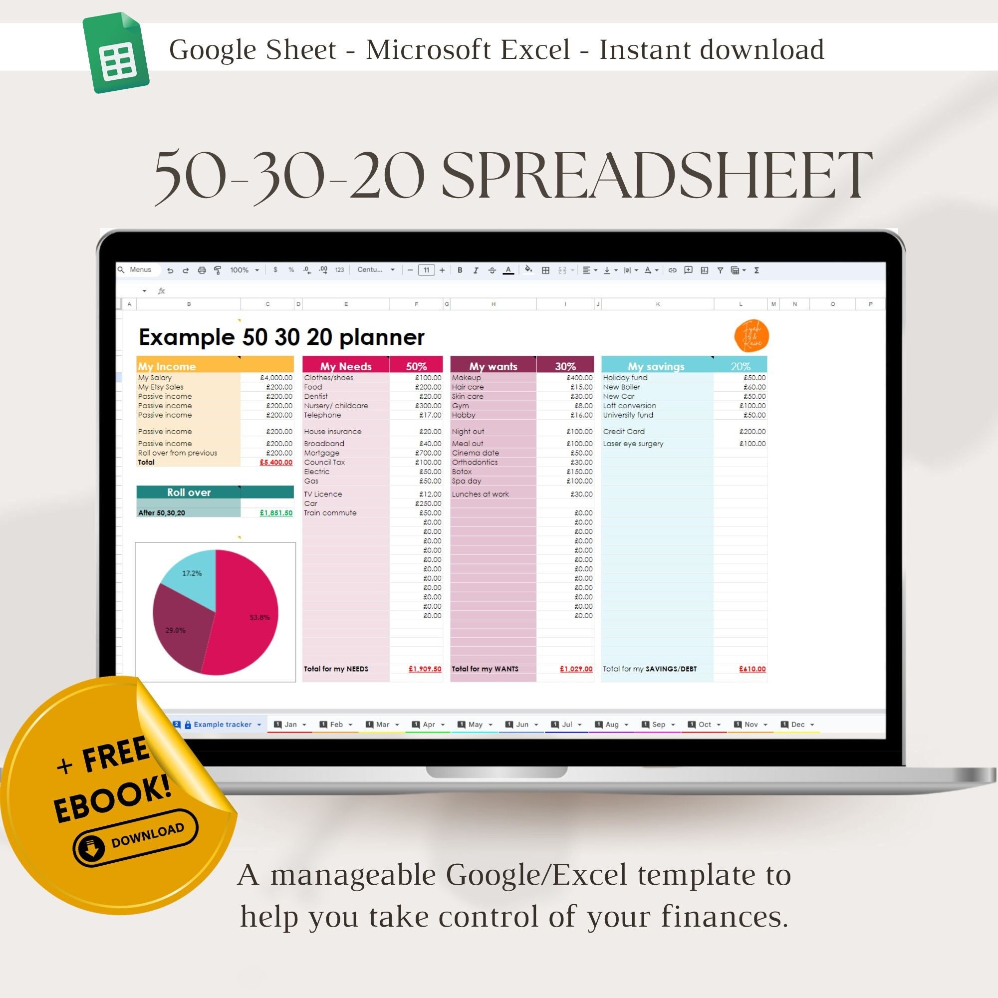 50-30-20 Spreadsheet, Monthly Budget Google/excel Template, Finances ...