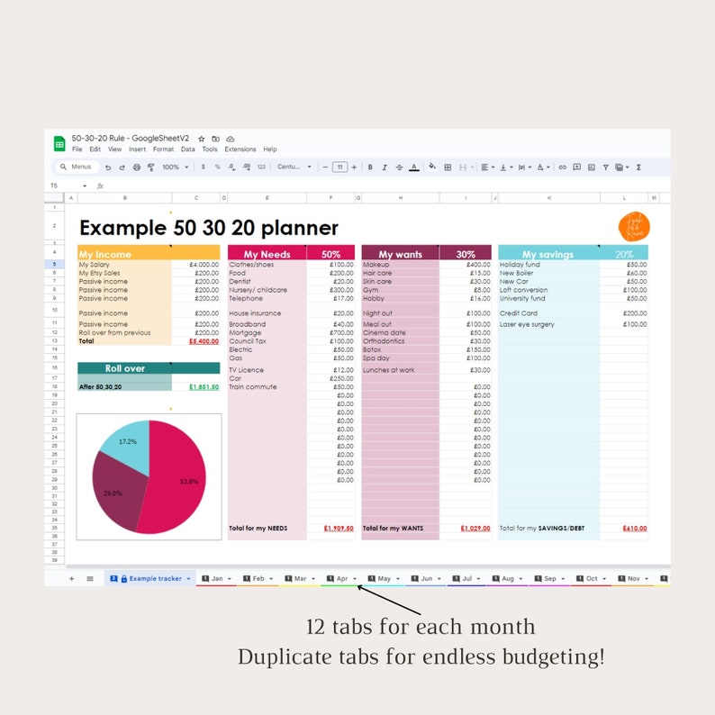 50-30-20 Spreadsheet, Monthly Budget Google/excel Template, Finances ...