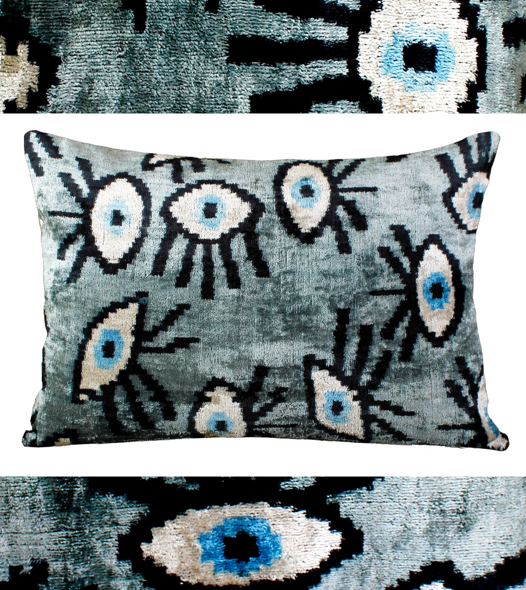Velvet Ikat Pillow Evil Eye,evil Eye Throw Pillow,eye Pillows,gray ...