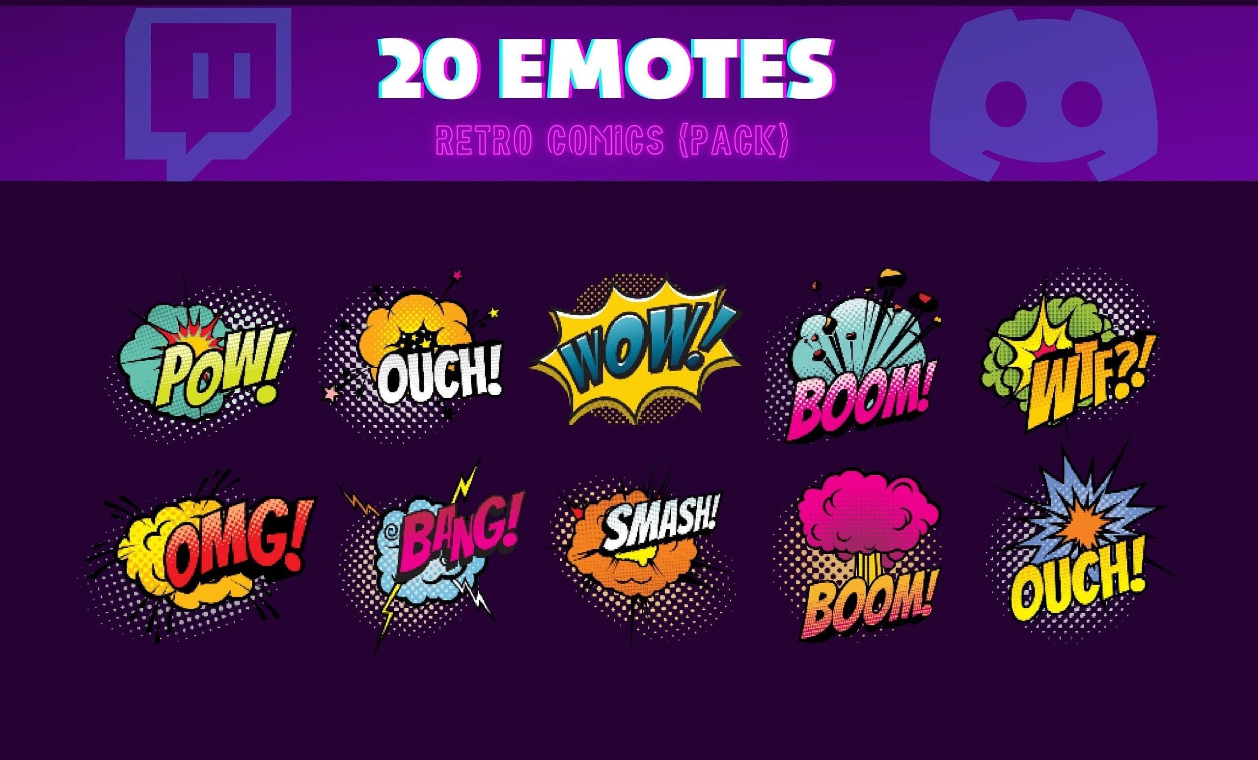 PACKAGE 20 Text Emotes Retro & Comics Twitch Discord - Etsy