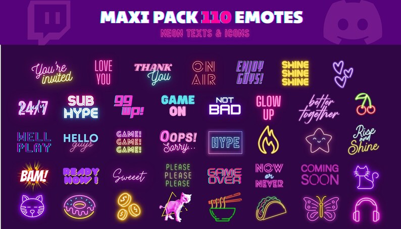 MAXI MIXED PACK 110 Texts & Icons Emotes Neon Theme Twitch, Discord ...