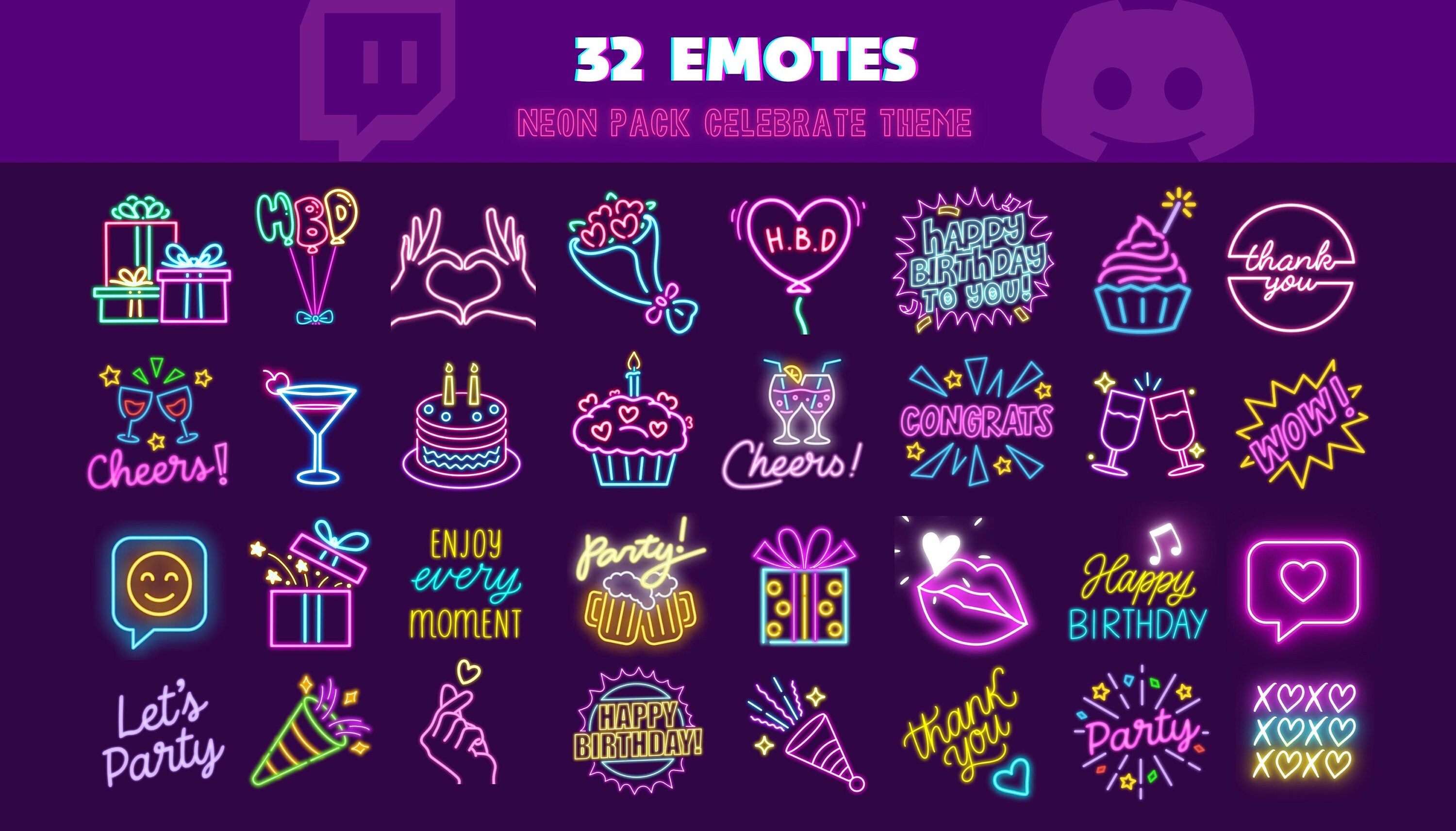 PACK 32 Celebrate Emotes Neon Theme Twitch, Discord, Youtube and Other ...
