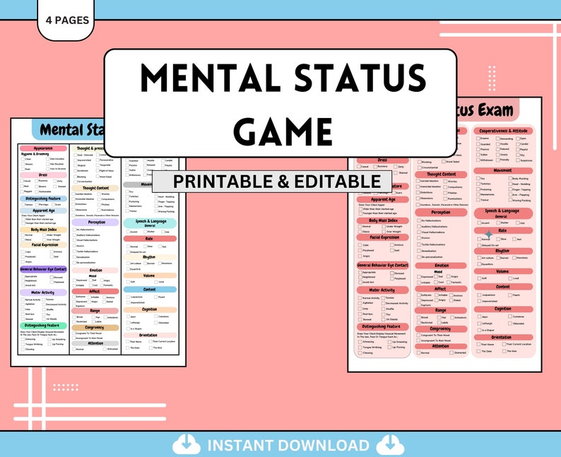Mental Status Exam, MSE Cheat Sheet, Fillable Therapy Forms, Intake ...