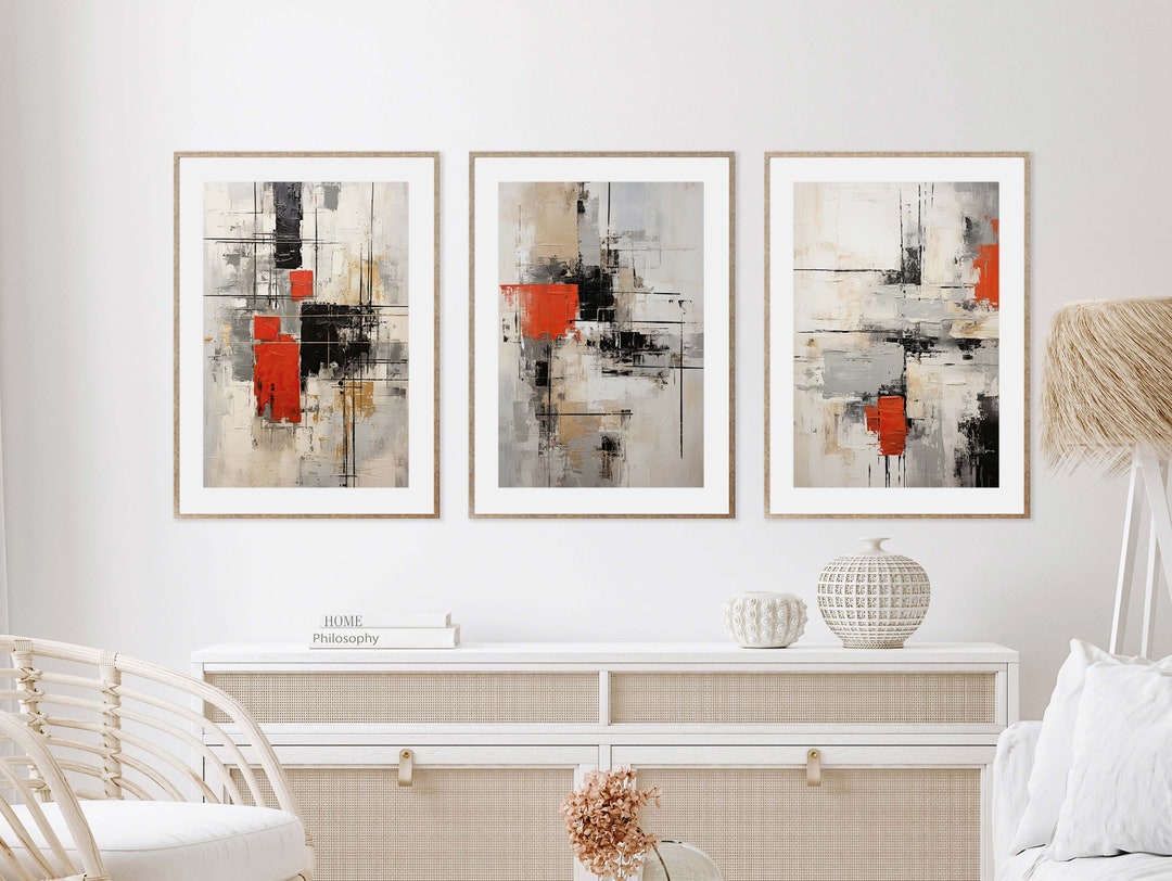 Black Red Tan Wall Art, Modern Abstract Prints, Black Red Wall Art Set ...