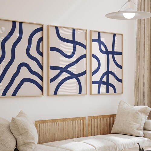 Navy Blue Wall Art Set 3 Piece Art Prints Blue Abstract Wall - Etsy