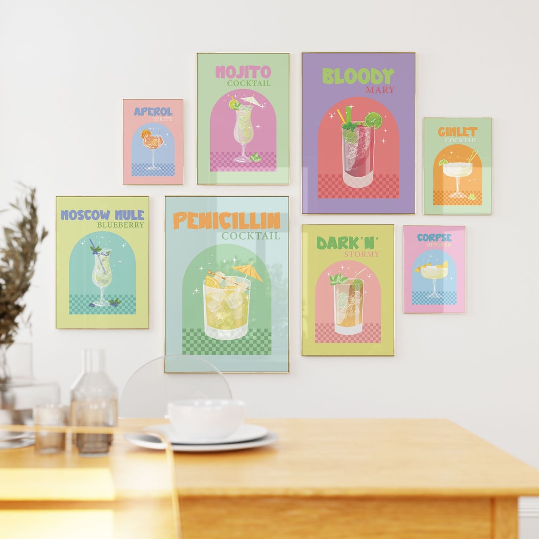 Cocktail Bar Cart Posters, Drinks Retro Wall Decor Bundle, Cocktail ...