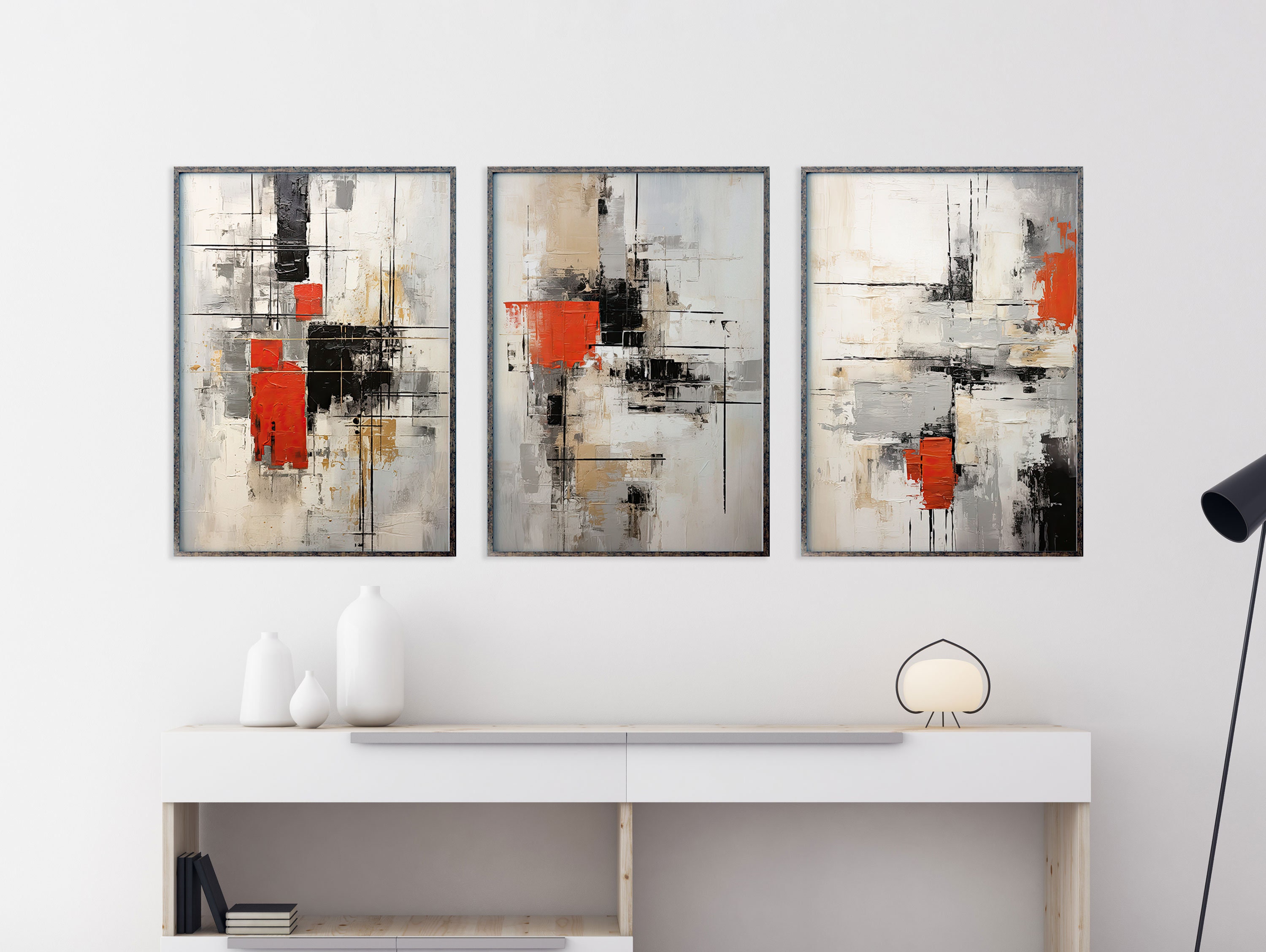 Black Red Tan Wall Art, Modern Abstract Prints, Black Red Wall Art Set ...