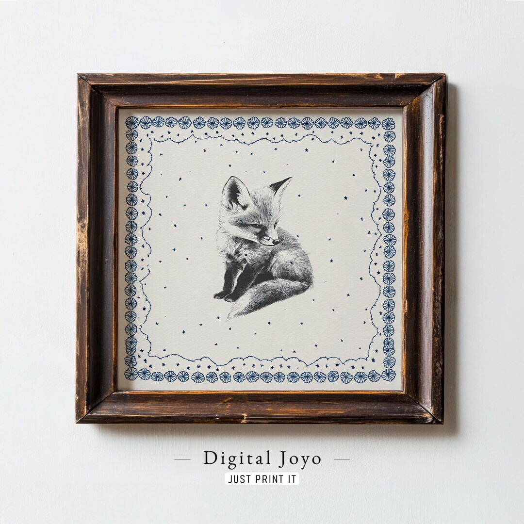 Fox Kit Sketch With Navy Floral Border, Digital Download - Etsy