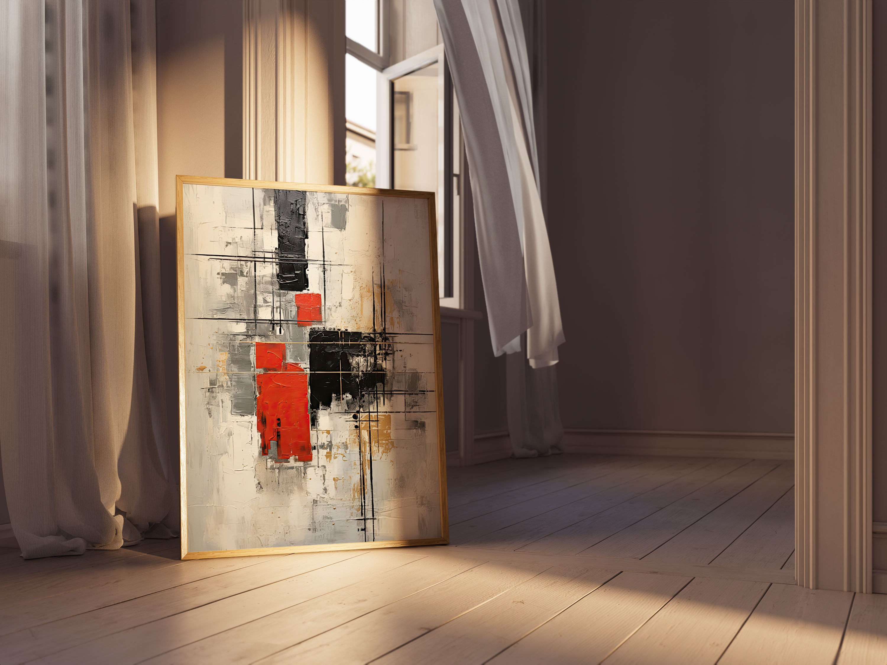 Black Red Tan Wall Art, Modern Abstract Prints, Black Red Wall Art Set ...