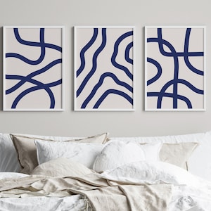 Navy Blue Wall Art Set 3 Piece Art Prints Blue Abstract Wall - Etsy