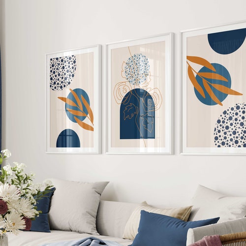 Navy Blue Wall Art Set 3 Piece Art Prints Blue Abstract Wall - Etsy