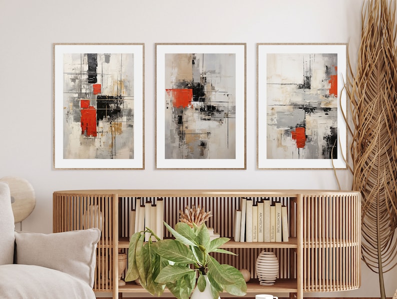 Black Red Tan Wall Art, Modern Abstract Prints, Black Red Wall Art Set ...