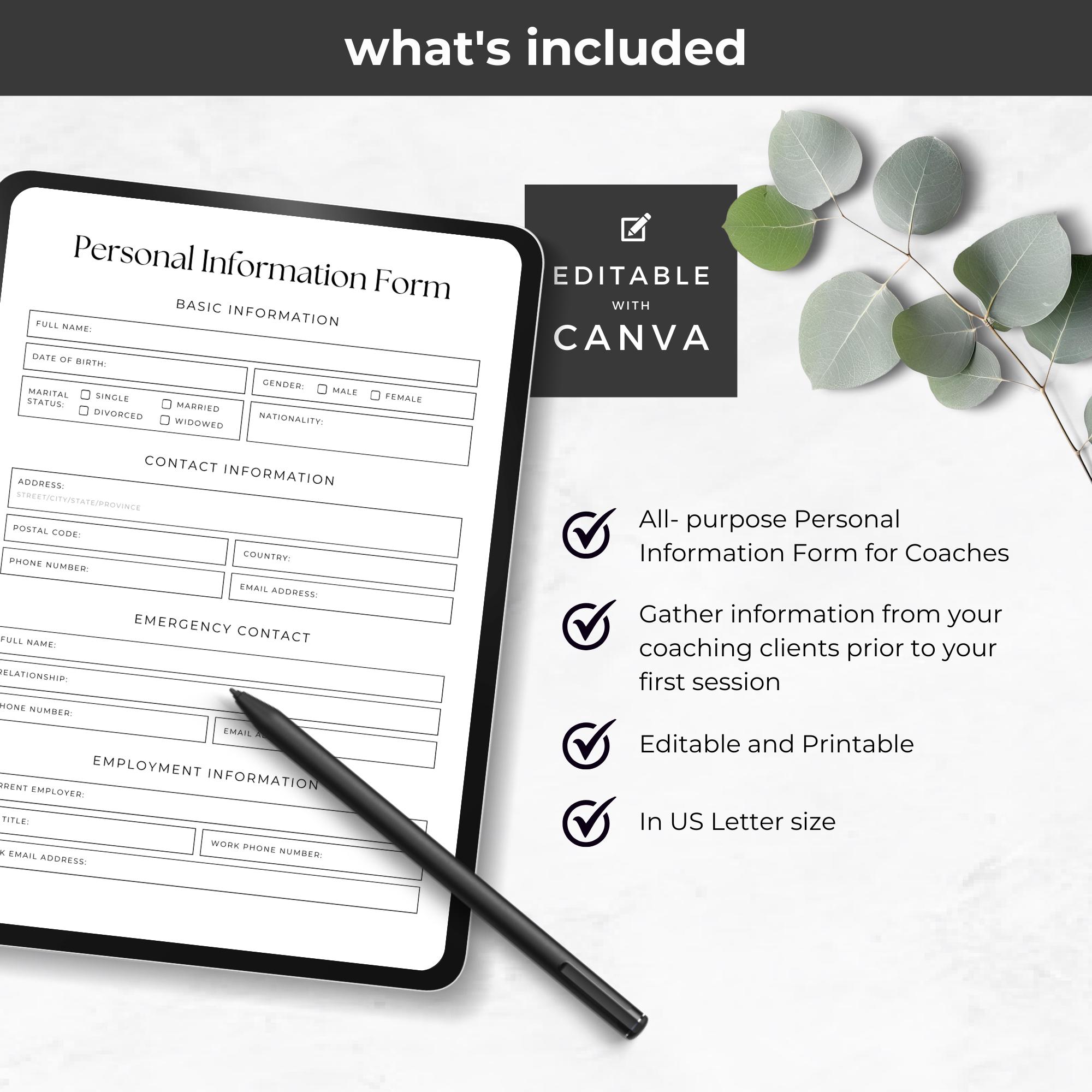 Personal Info Form Canva Template Generic Client Details Customer ...