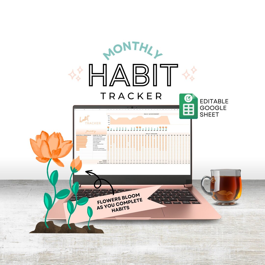 Monthly Habit Tracker for Google Sheet, Daily Routine Log, With Growing ...