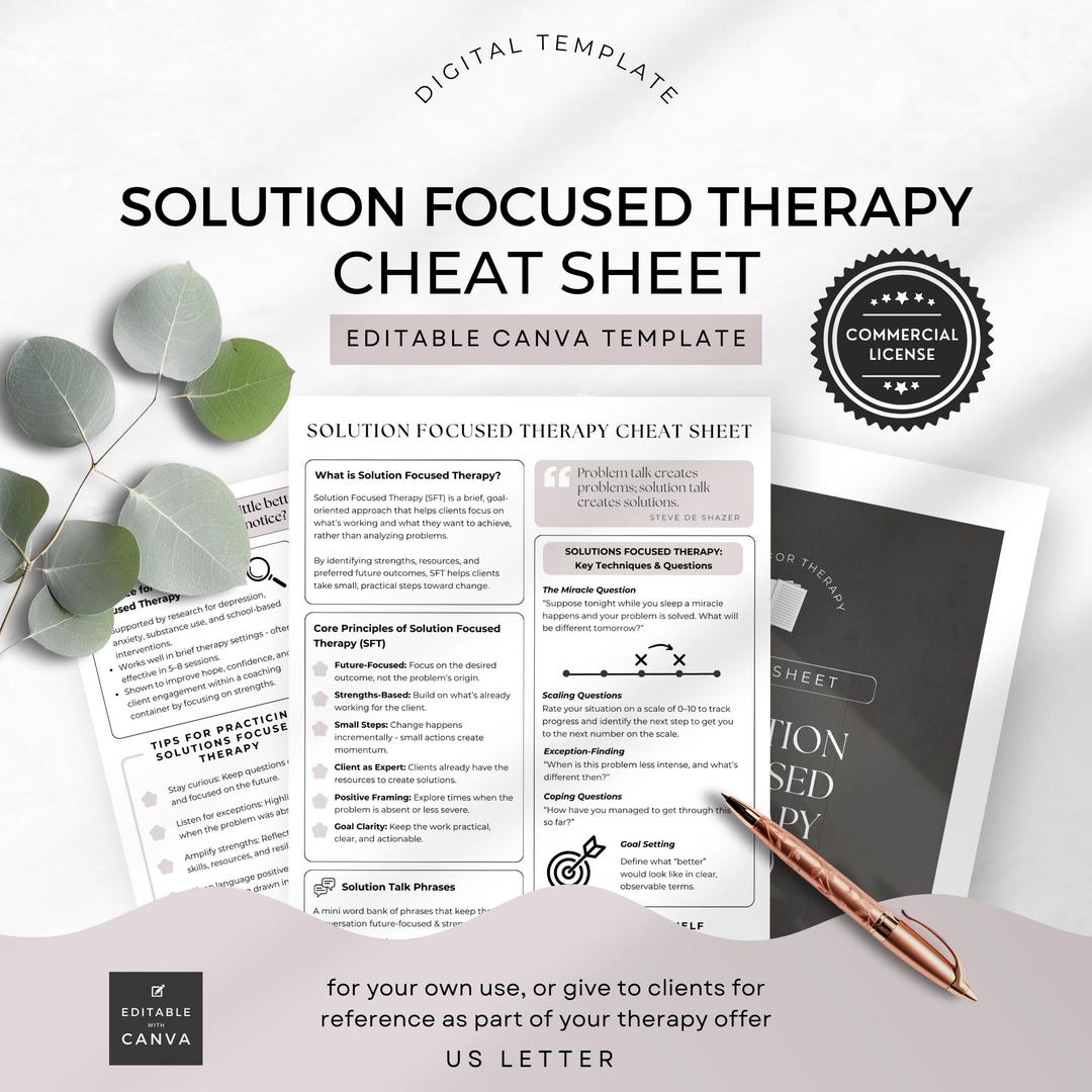 Solution Focused Therapy Cheat Sheet Canva Template Client Handout ...