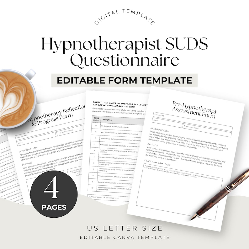 SUDS Subjective Units of Distress Form for Hypnotherapist Client Intake ...