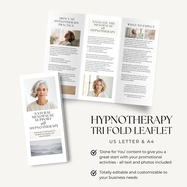 Hypnotherapy Tri Fold Leaflet Canva Template, Menopause Support Hypnotherapist Marketing ...