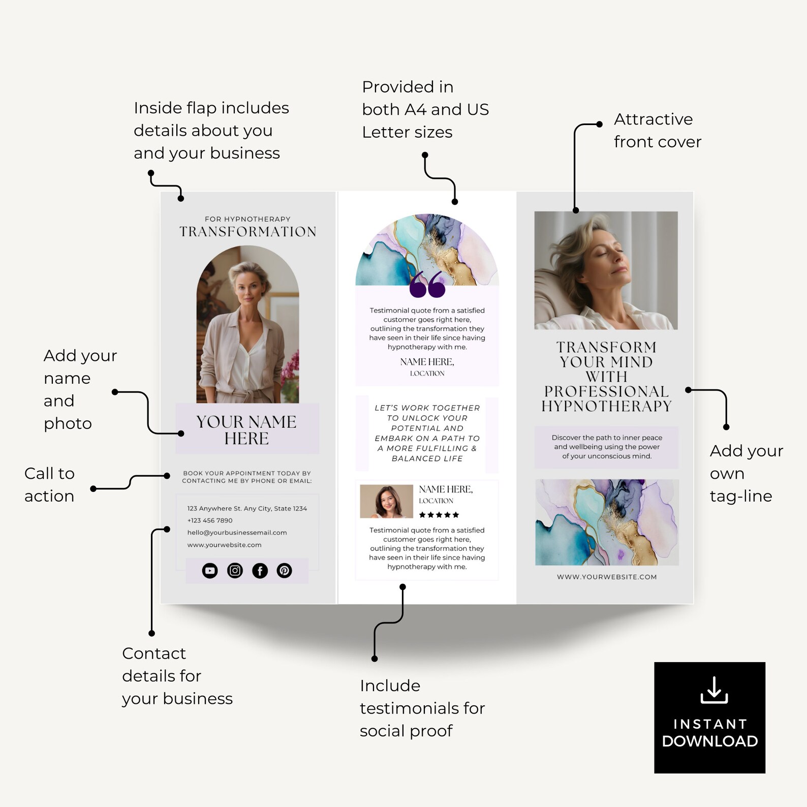 Hypnotherapy Tri Fold Leaflet Canva Template Hypnotherapist Marketing ...