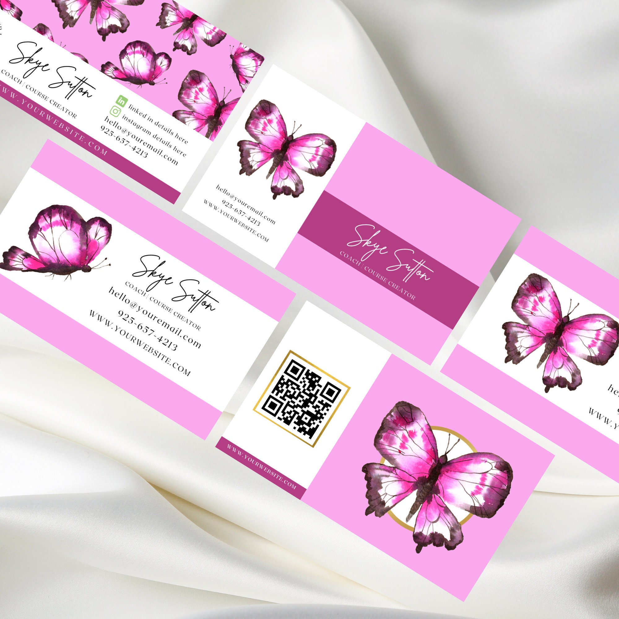 Business Card Template Butterfly, QR Code Business Card, Pink Canva ...