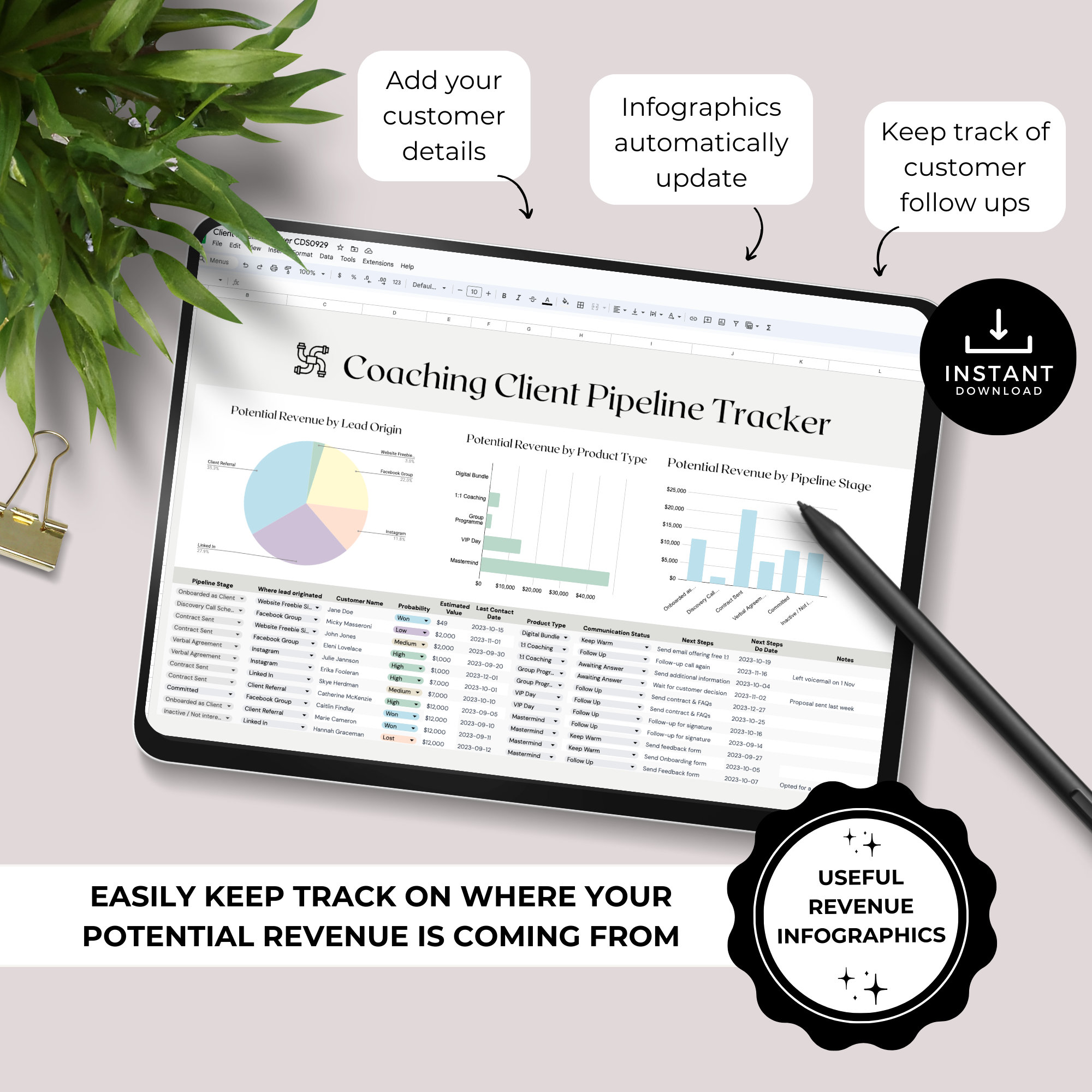 Coaching Client Pipeline Google Sheet, Lead Conversion, Revenue ...