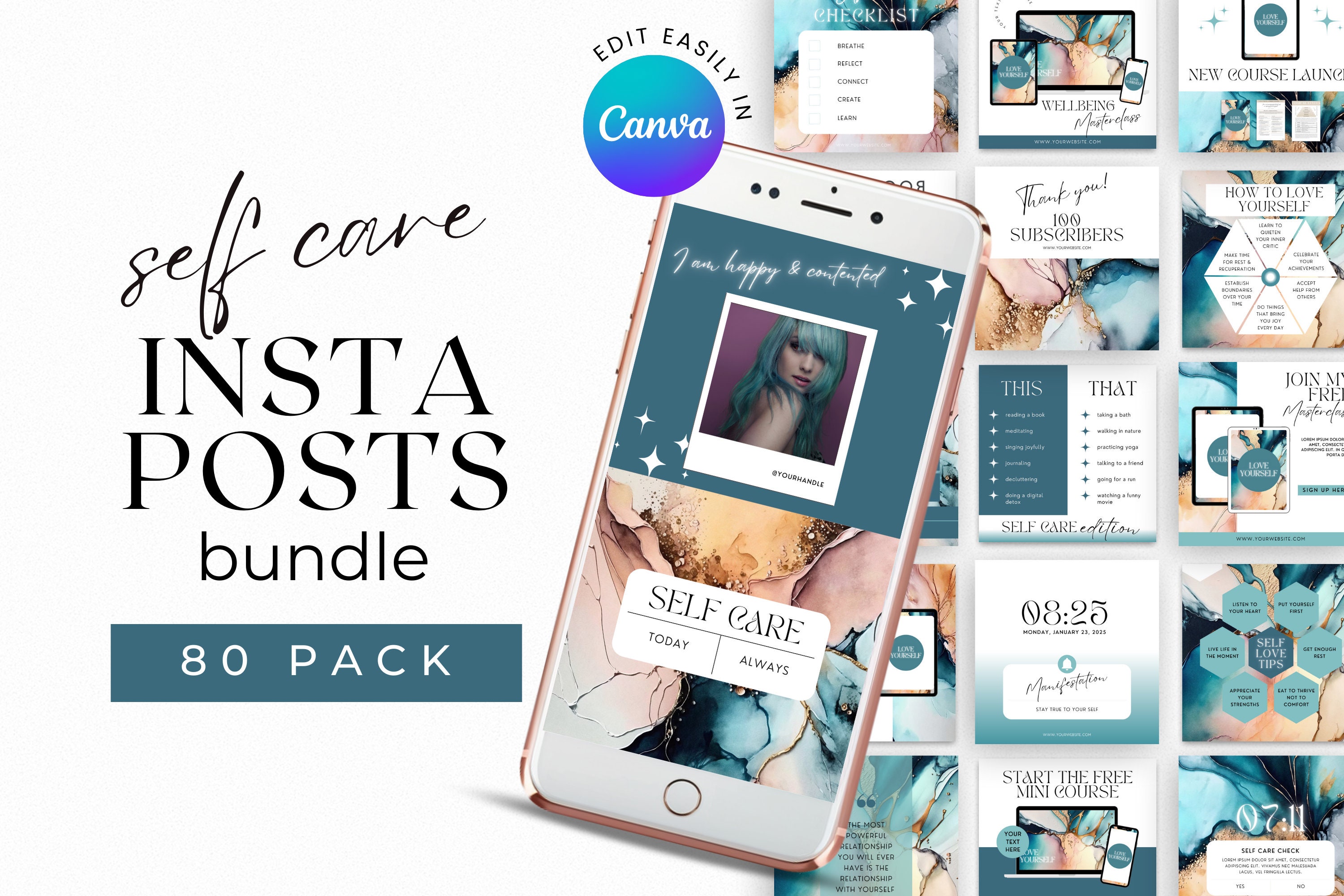Self Care Insta Posts Canva Template for Coaches Course Creators Therapist Instagram IG Feed ...