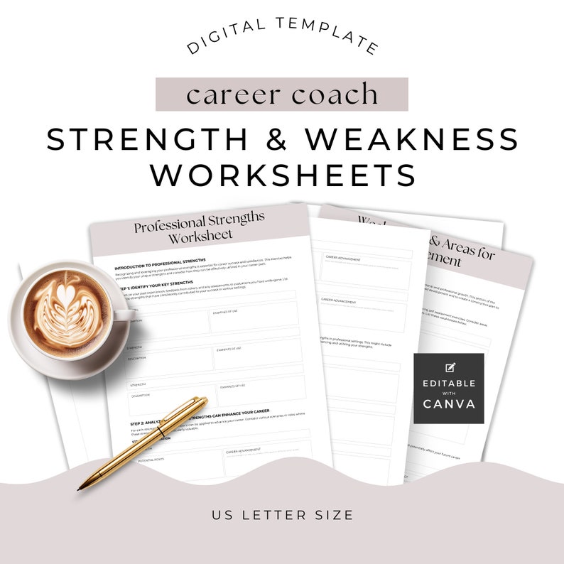 Strengths and Weaknesses Worksheet Career Coach Handout Canva Template ...