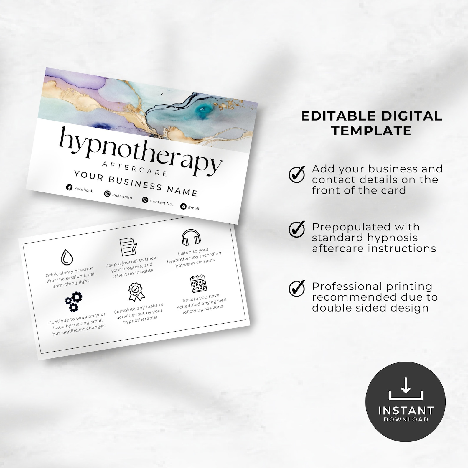Customer Care Card for Hypnotherapy Clients, Post Hypnosis Instructions ...