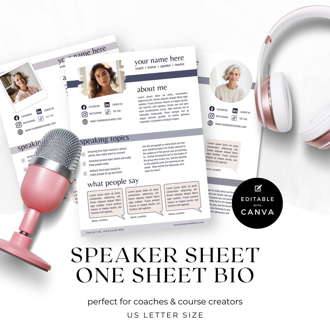 One Sheet Bio Speaker Sheet Coach Profile Canva Template FB Group ...
