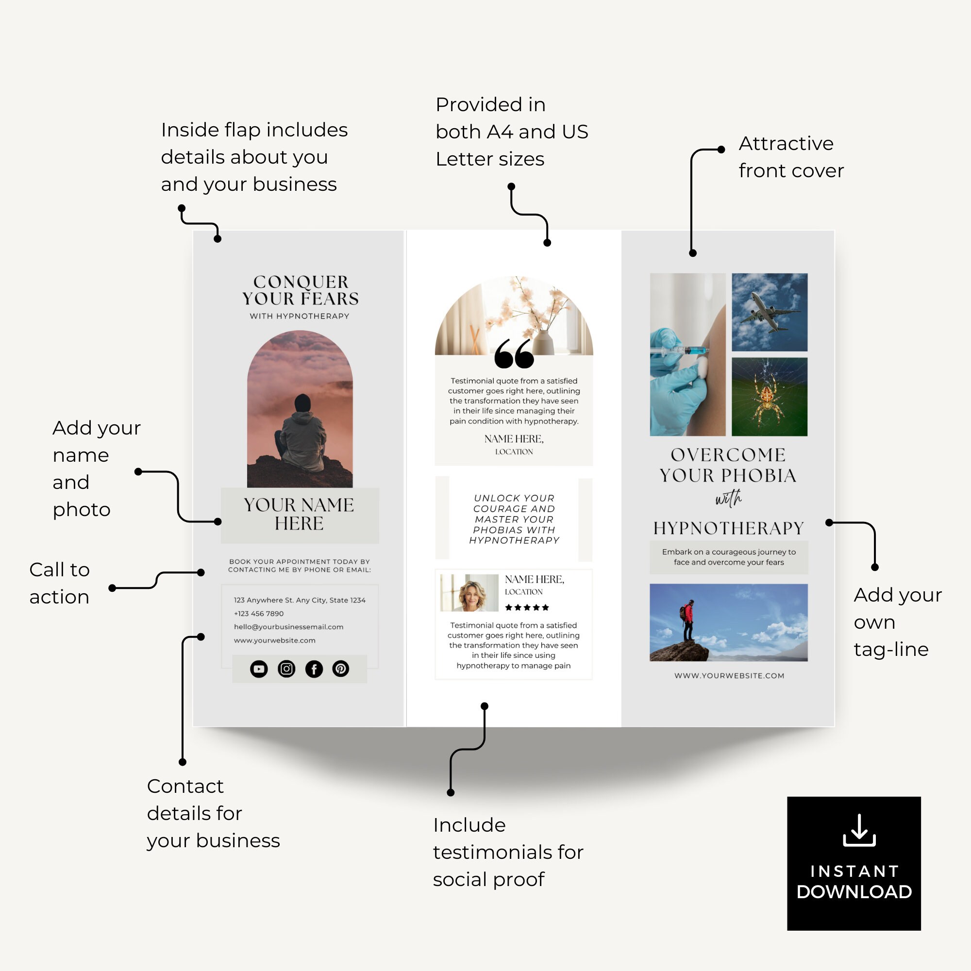 Hypnosis Client Information Flyer Trifold Leaflet Overcome Phobias ...