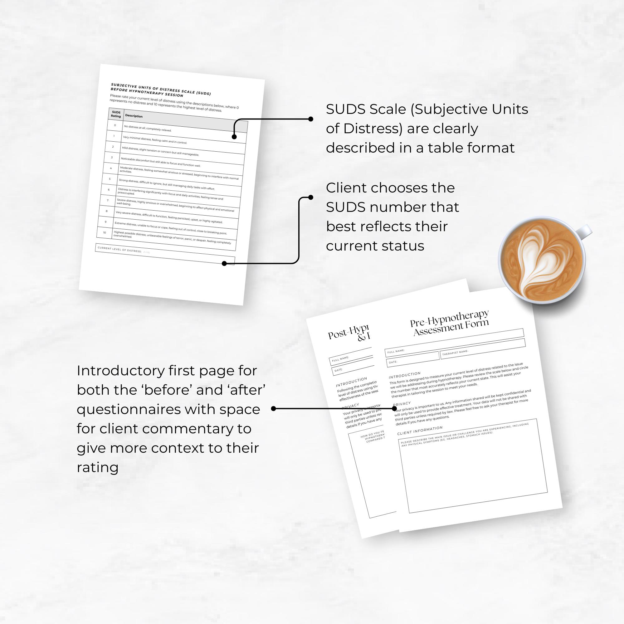 SUDS Subjective Units of Distress Form for Hypnotherapist Client Intake ...