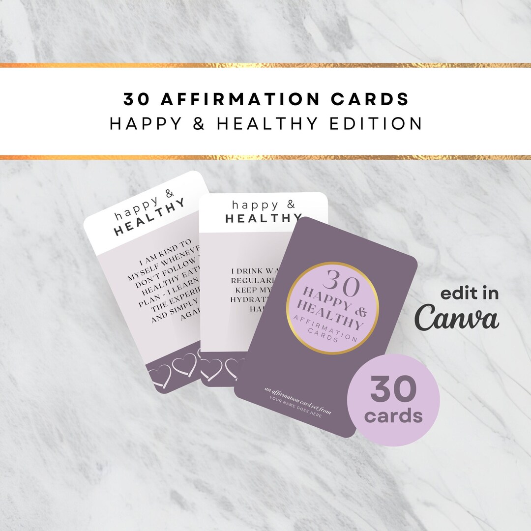 Printable Affirmation Cards, Happy & Healthy Positive Thinking, Purple ...