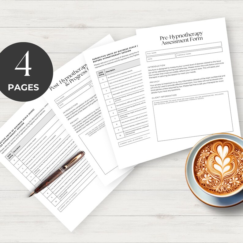 SUDS Subjective Units of Distress Form for Hypnotherapist Client Intake Form Before and After ...