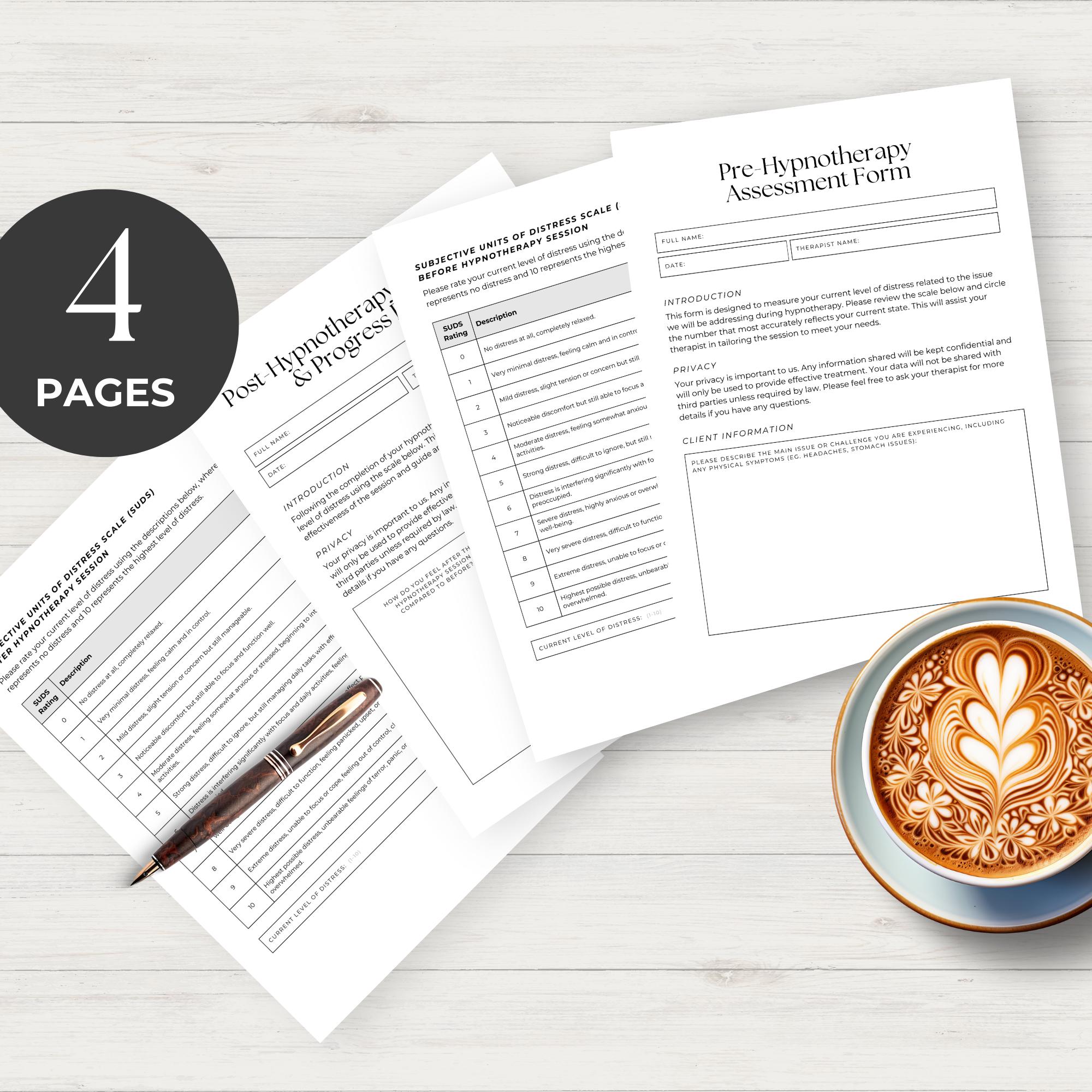 SUDS Subjective Units of Distress Form for Hypnotherapist Client Intake ...