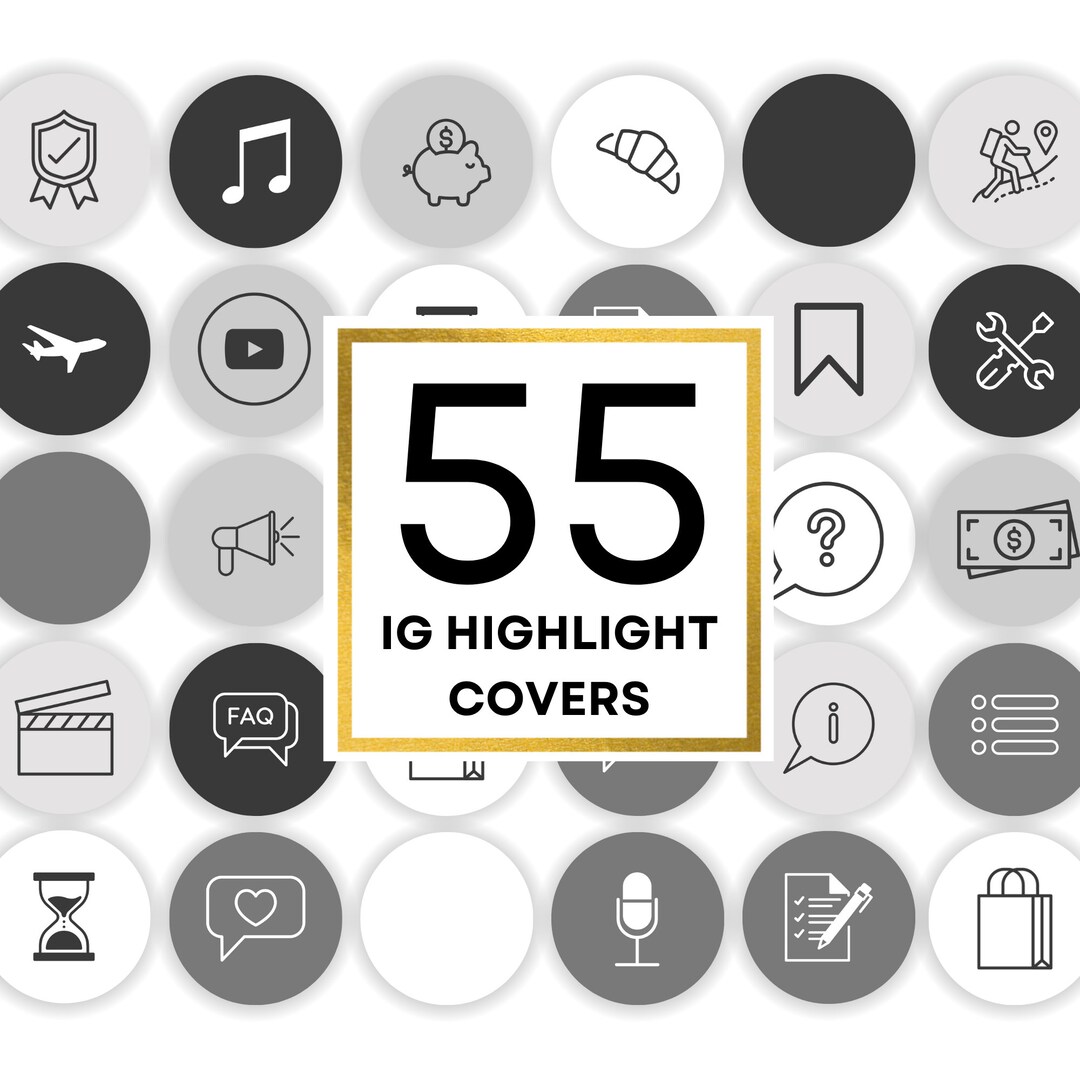 Instagram Highlight Covers, Grey, Gray & Black, Minimal, Bundle of 55 ...