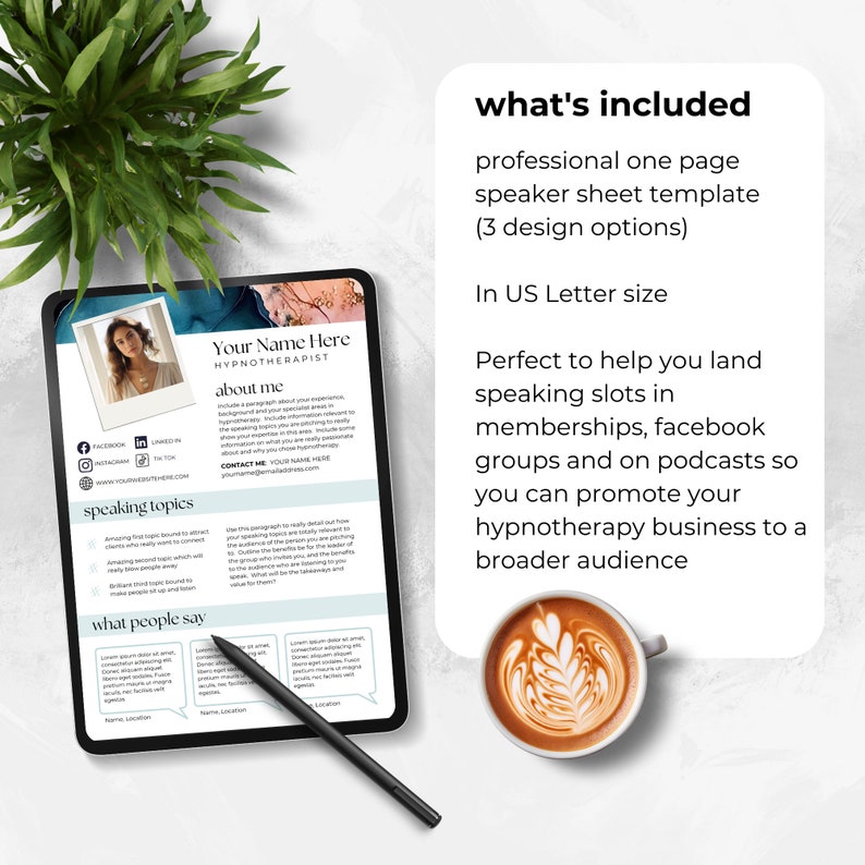 One Sheet Bio Speaker Sheet Hypnotherapist Profile Canva Template FB ...